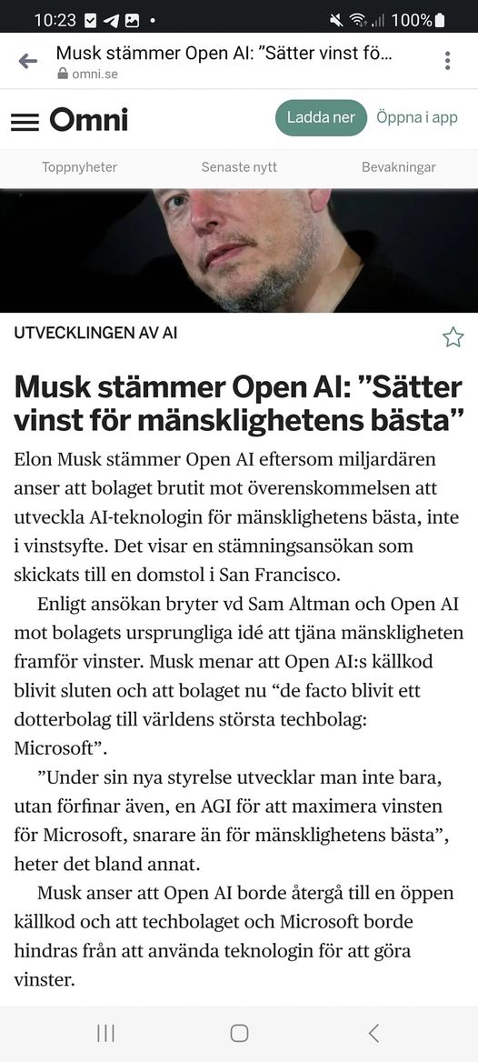 Musk Stämmer Open AI För Enskild Vinstmaximering - Carl Norberg - Palanthir